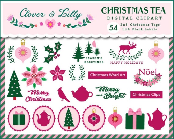 Christmas Tea Clipart Labels Tags Teapot Poinsettias - Etsy