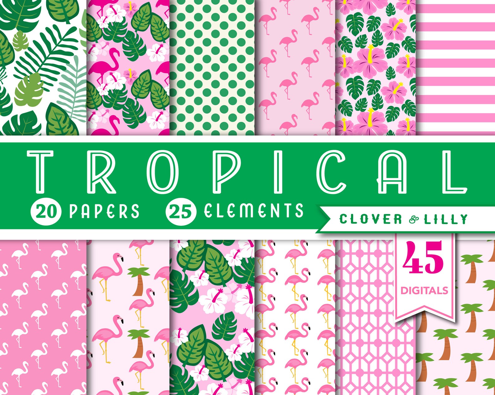TROPICAL COLLECTION, Digital Paper, Clipart With Flamingos, Palm Trees ...