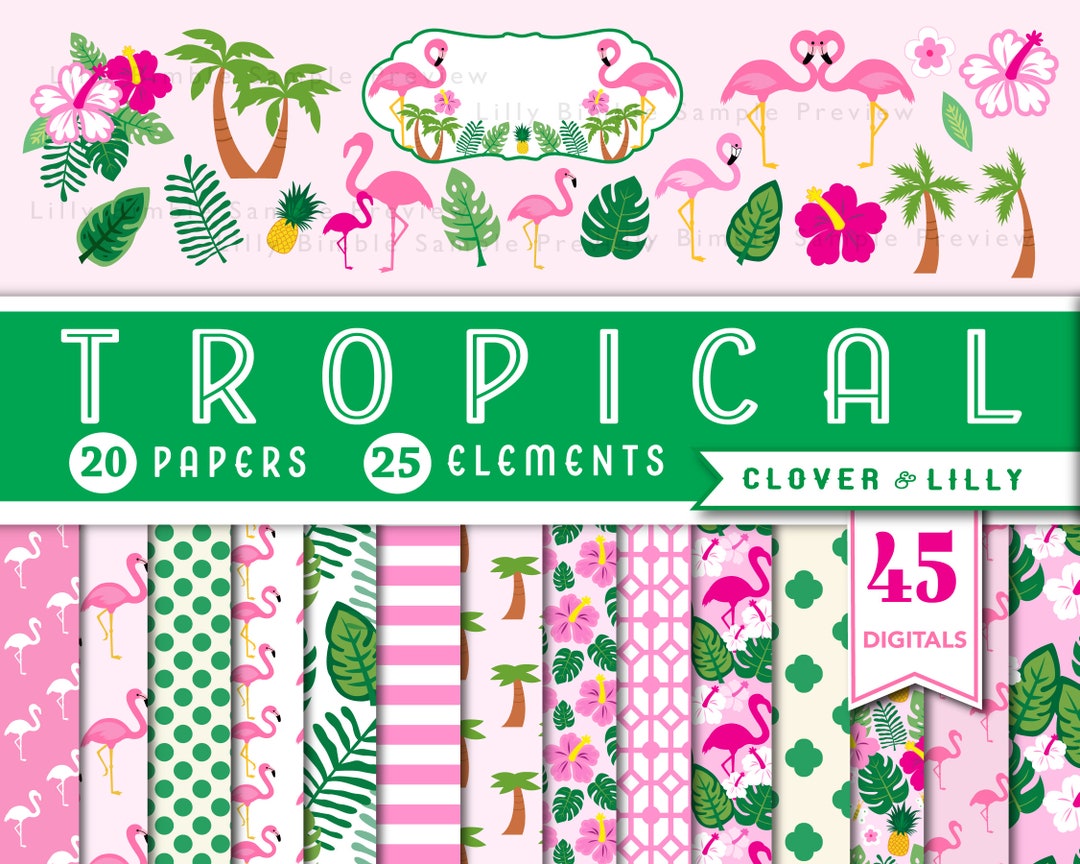 TROPICAL COLLECTION, Digital Paper, Clipart With Flamingos, Palm Trees ...