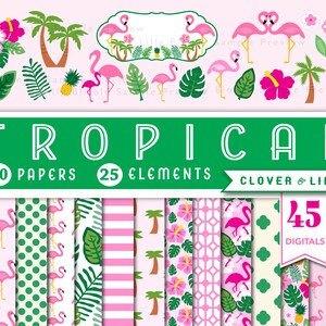 TROPICAL COLLECTION, Digital Paper, Clipart With Flamingos, Palm Trees ...