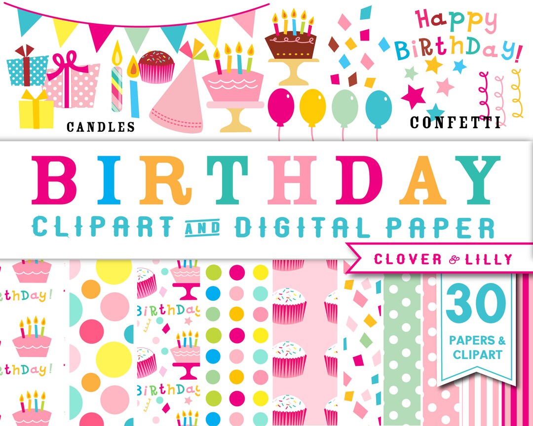 Birthday Party Clipart and Digital Paper With Balloons, Gifts, Confetti ...