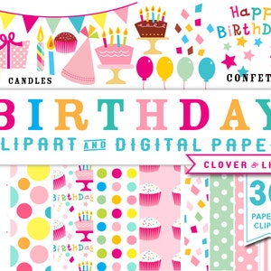Birthday Party Clipart and Digital Paper With Balloons, Gifts, Confetti ...