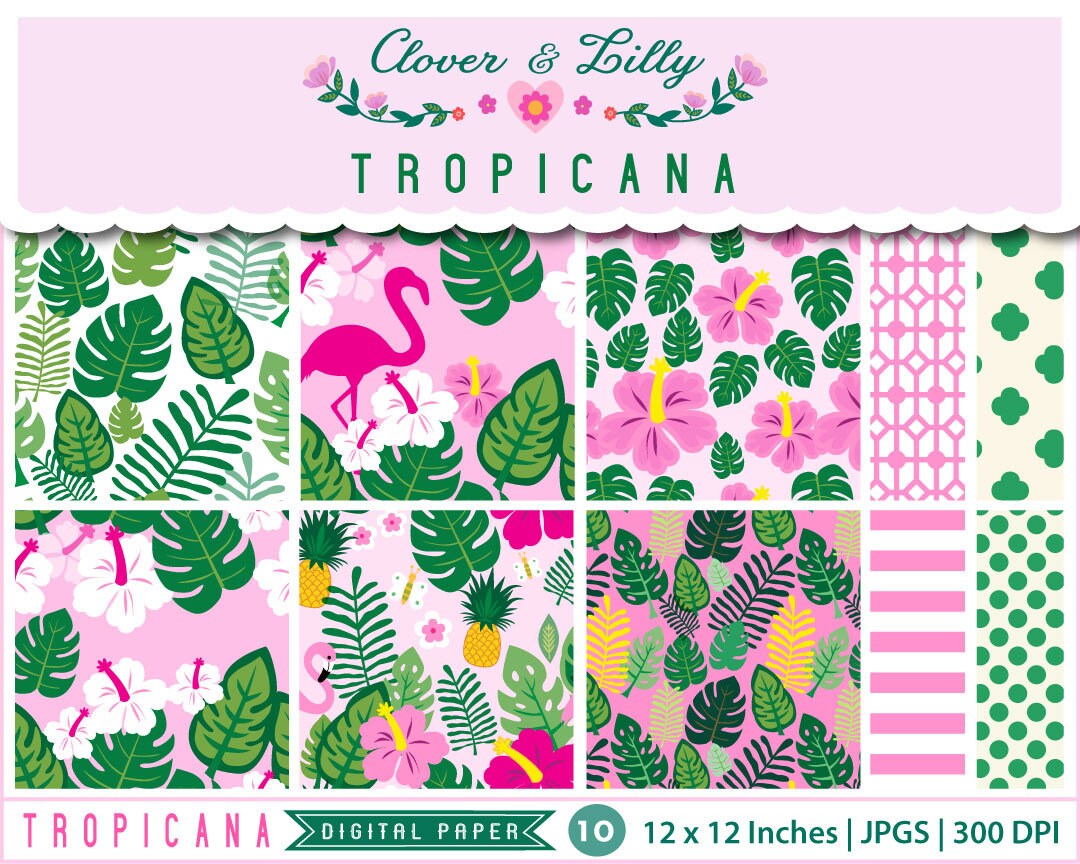 Tropical Flamingo Digital Paper Palms Fronds Scrapbook - Etsy