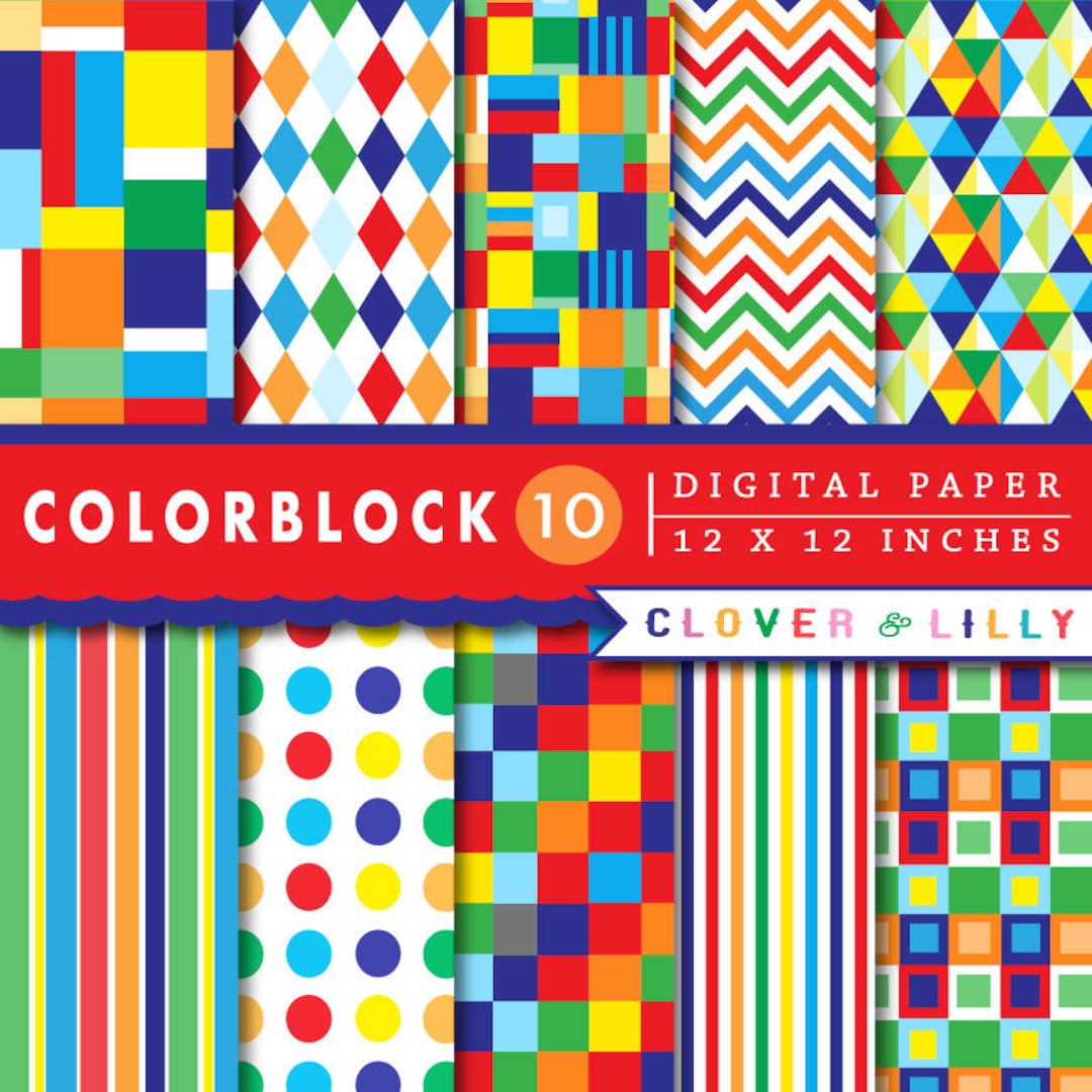 COLORBLOCK Digital Scrapbook Paper, Primary Colors, Red, Blue, Green ...