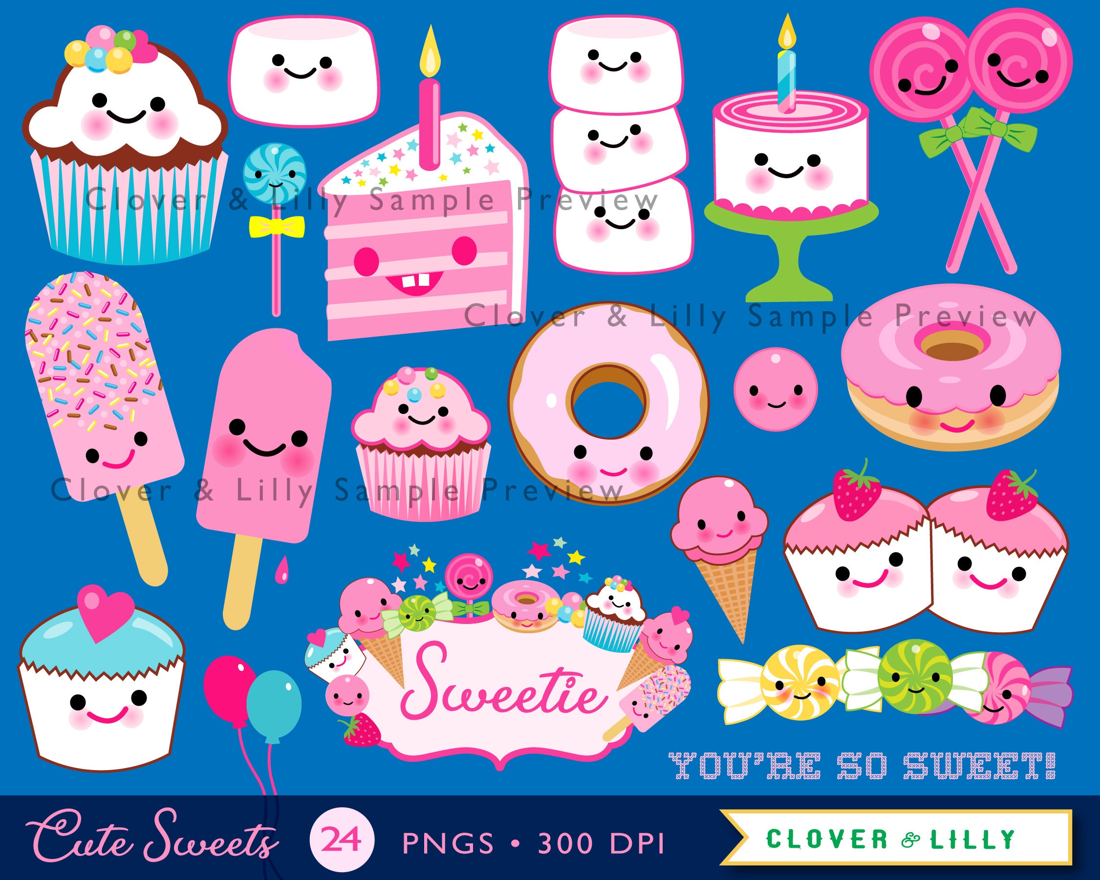 CUTE SWEETS Kawaii Clipart Cupcakes Candy Birthday Cake | Etsy