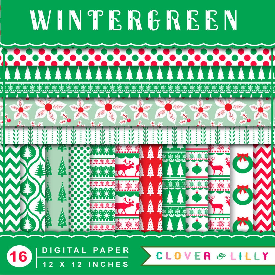 Christmas Digital Paper, Wintergreen Scandinavian, Green and Red ...