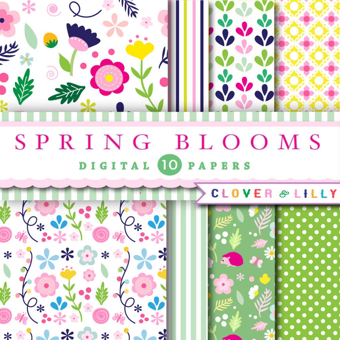 SPRING BLOOMS Floral Digital Paper With Spring Flowers With Polka Dots ...