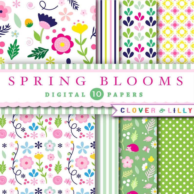 SPRING BLOOMS Floral Digital Paper With Spring Flowers With Polka Dots ...