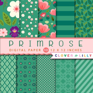 Primrose Digital Paper With Flowers, Buds and Blooms, Spring, Green ...