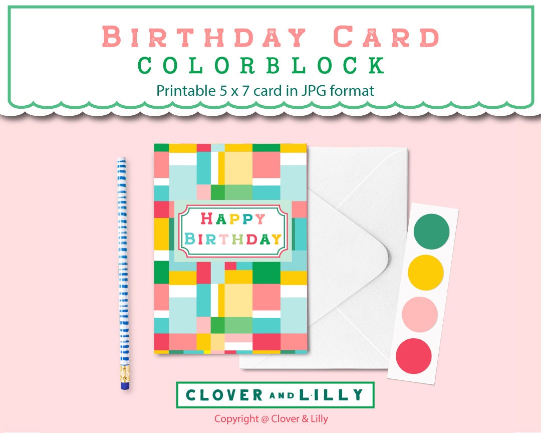 Printable Birthday Card in Colorblock. Bright Colors 5 X 7 Formatted to ...