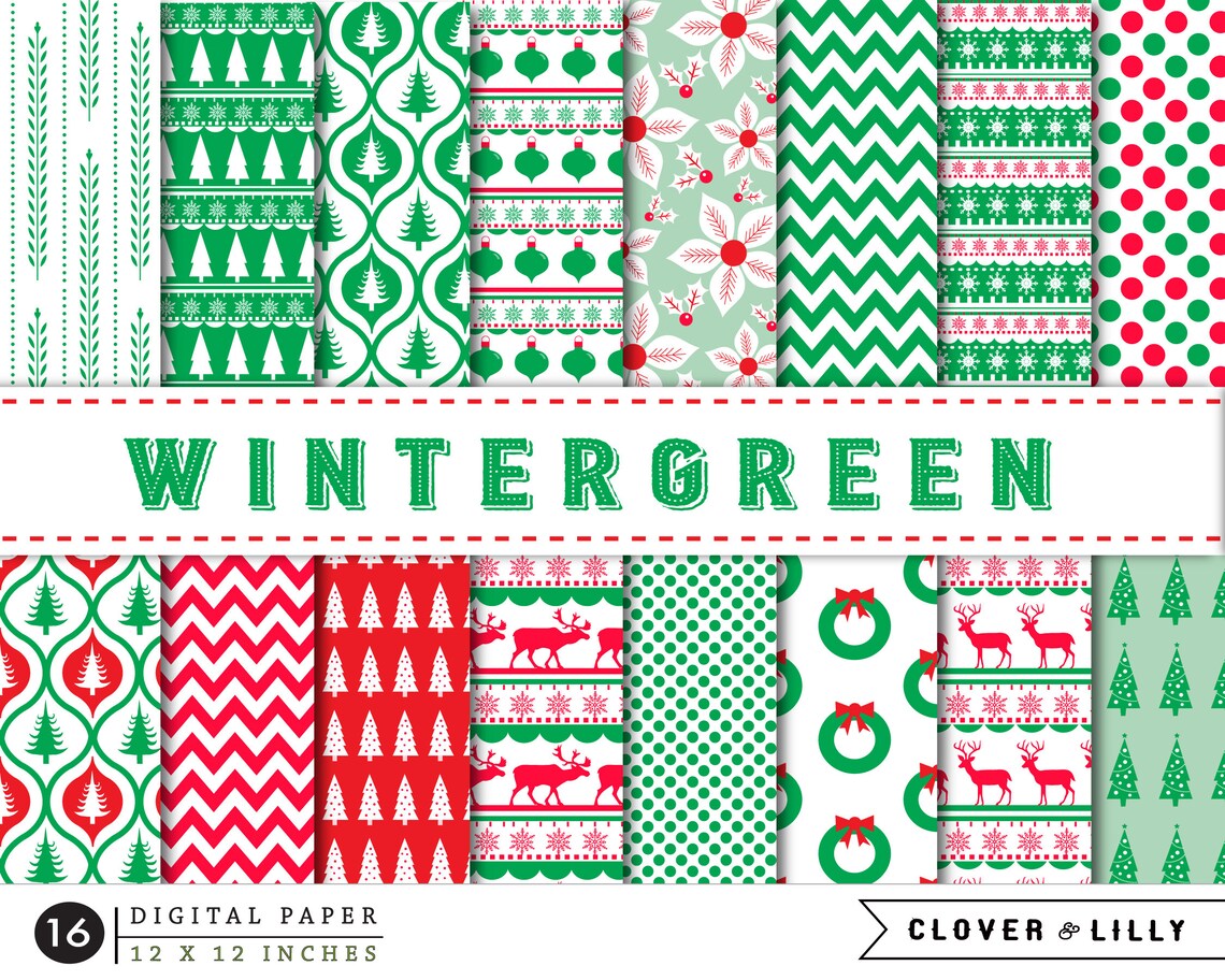 Christmas Digital Paper Wintergreen Scandinavian Green and - Etsy