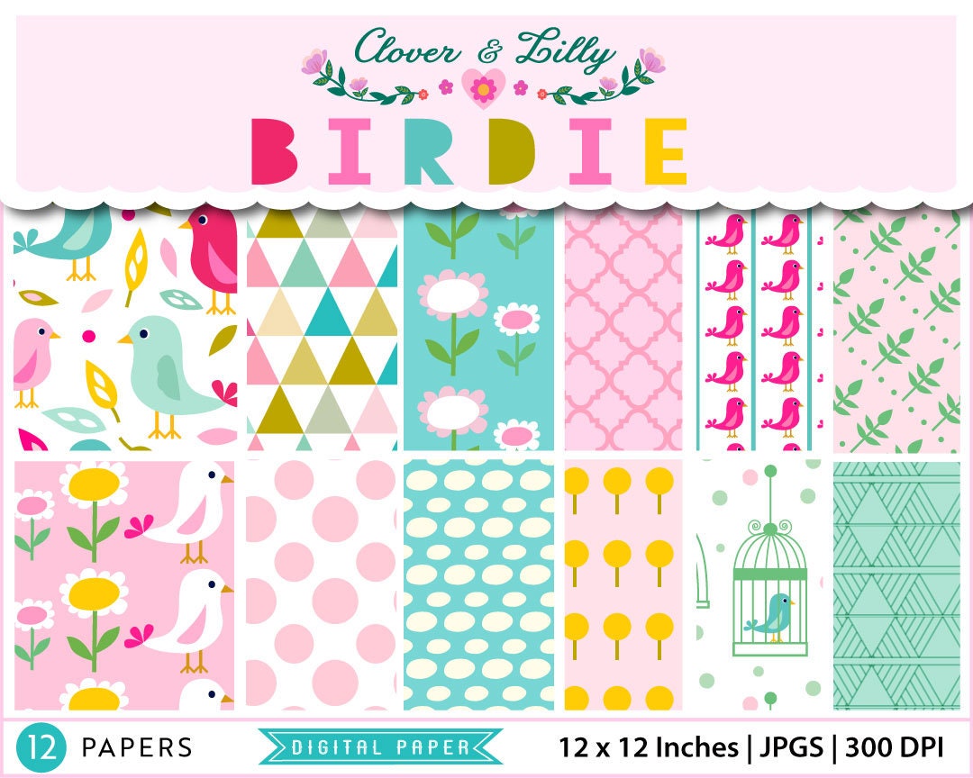 BIRDIE Digital Scrapbook Papers for Card Design Invites | Etsy