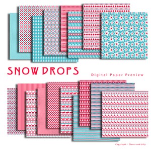 Christmas Digital Paper, SNOW DROPS, Scandinavian, Red and Turquoise ...
