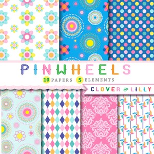 Pinwheel Clipart and Digital Papers, Summer Bunting Bright Colors ...