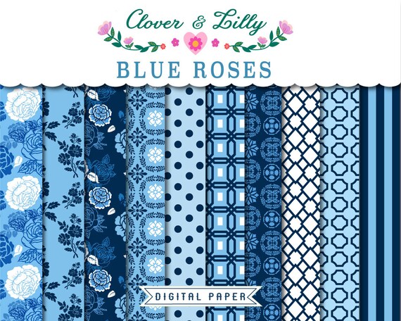 Navy Blue Floral Digital Paper BLUE ROSES Floral Scrapbook | Etsy