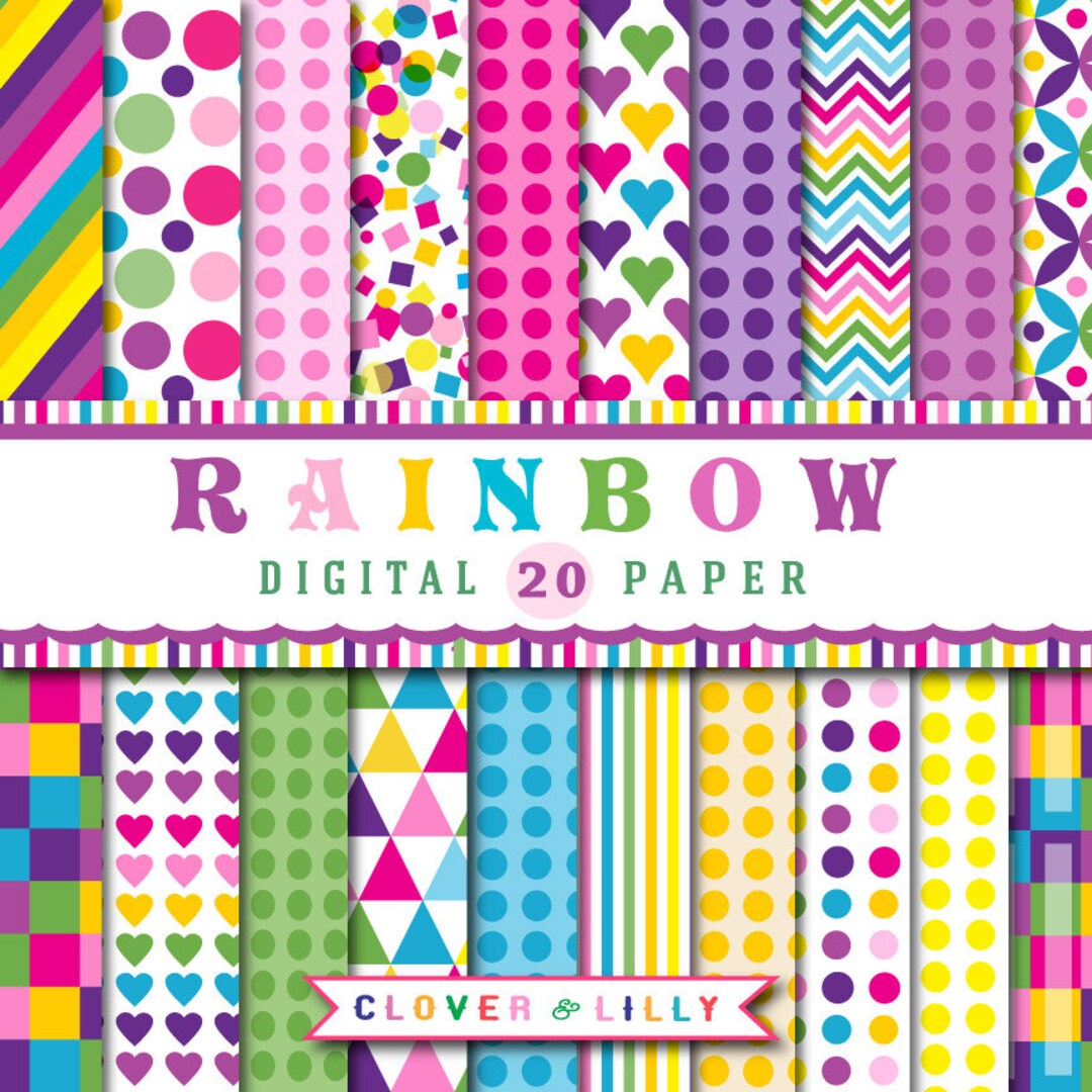 RAINBOW Digital Paper With Chevron, Confetti, Hearts, Polka Dots ...