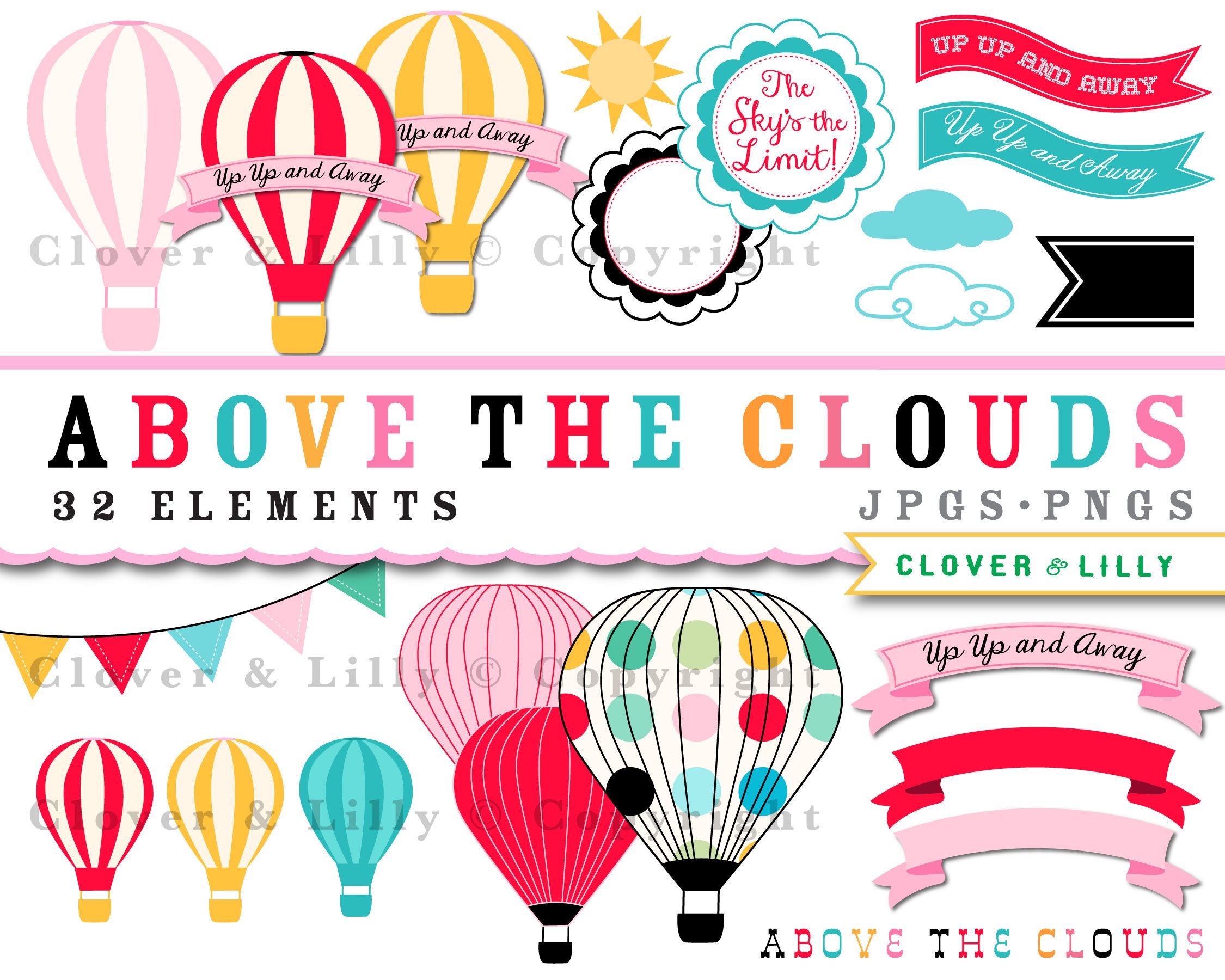 Hot Air Balloons clipart with bright colors Up Up and Away | Etsy