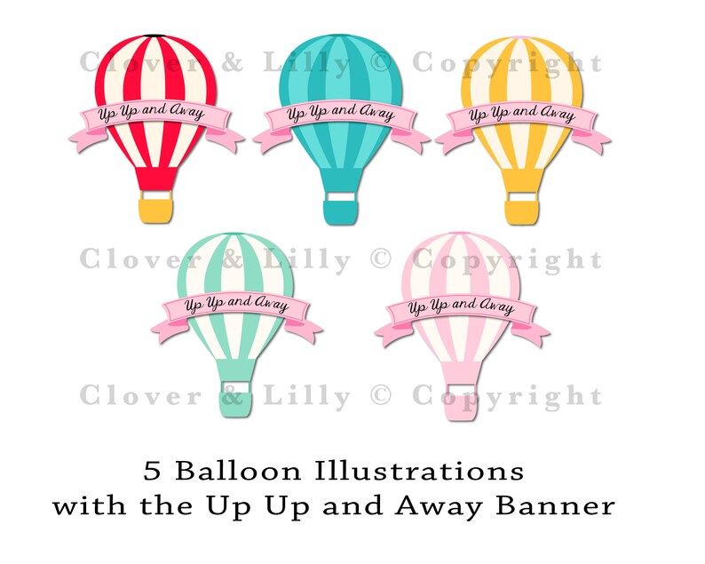 Hot Air Balloons Clipart With Bright Colors Up, Up, and Away, INSTANT ...