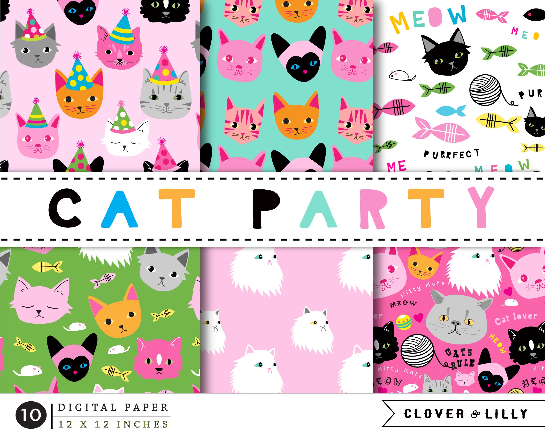 CAT PARTY Digital Scrapbook Paper Cats Birthday Persian | Etsy
