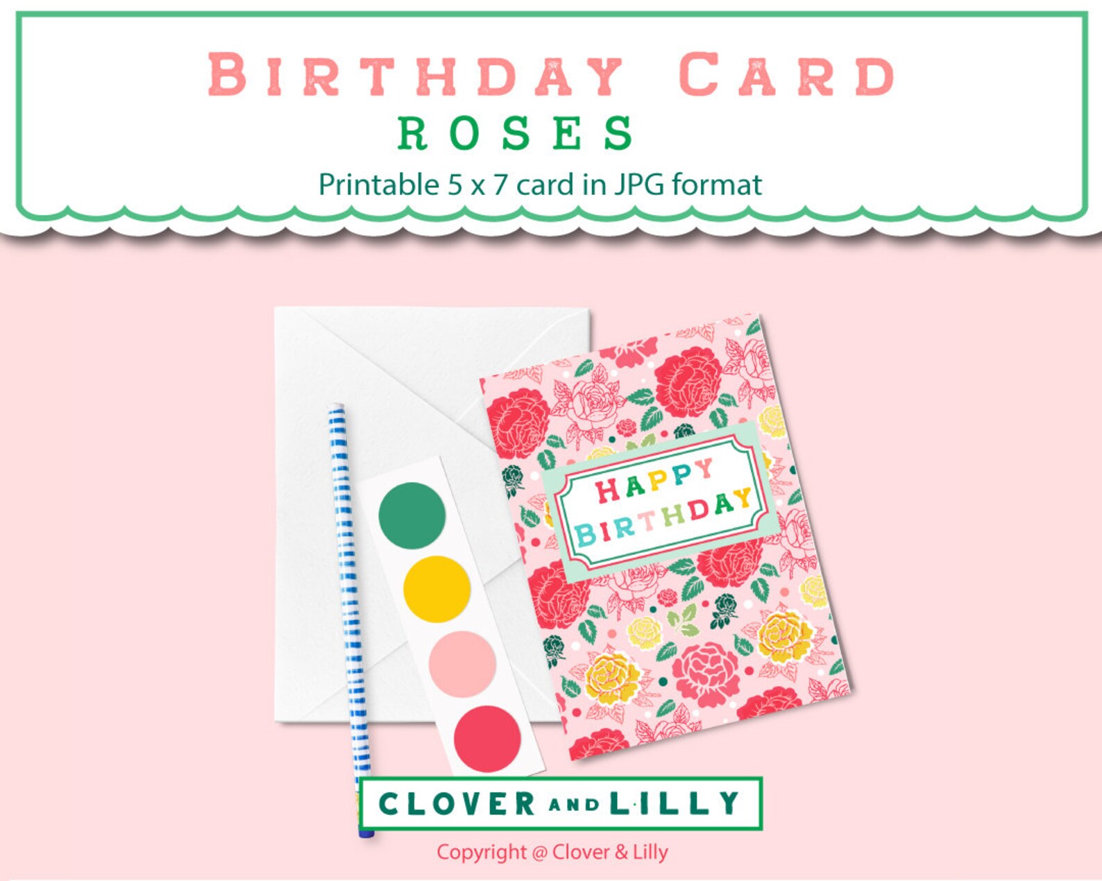 Printable Roses Birthday Card. Bright Colors 5 X 7 Formatted to Letter ...