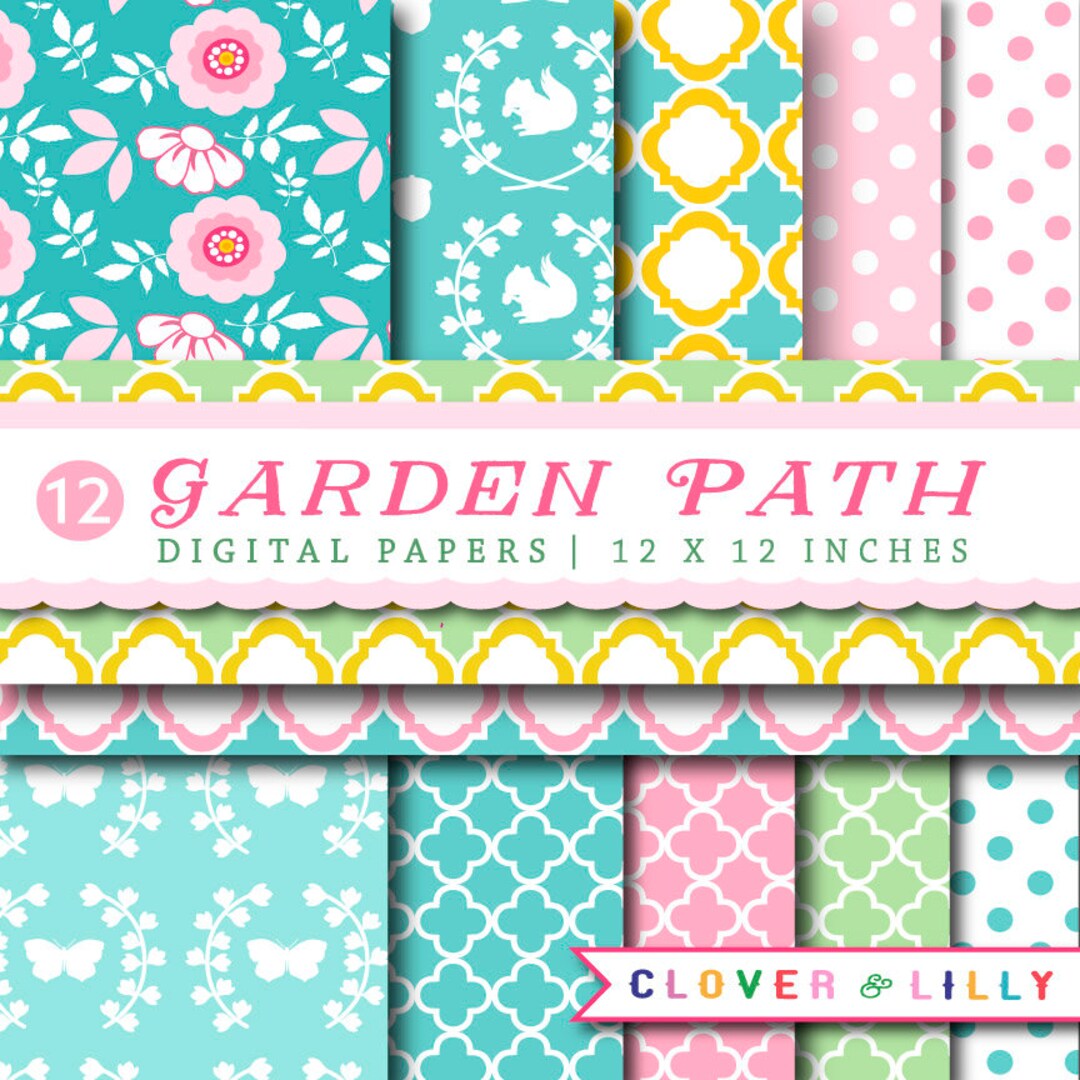 GARDEN PATH Digital Paper With Flowers, Quatrefoil, Butterflies ...
