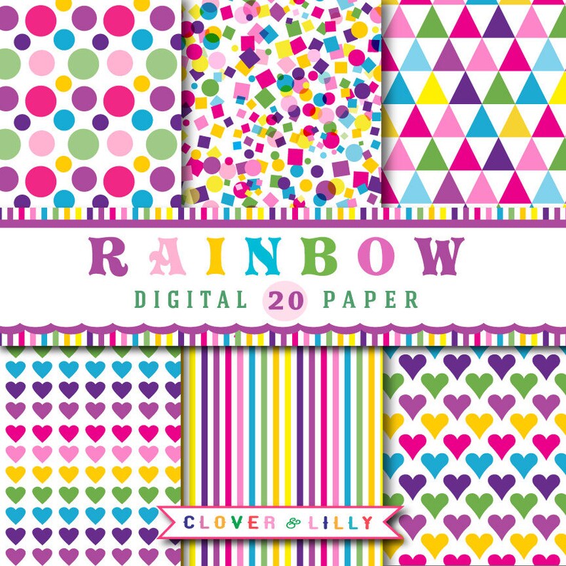 RAINBOW Digital Paper With Chevron, Confetti, Hearts, Polka Dots ...