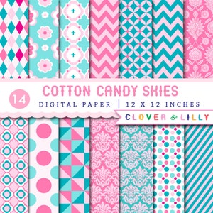 Pink and Turquoise Digital Scrapbook Papers With Damask, Quatrefoil ...