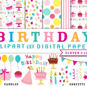 Birthday Party Clipart and Digital Paper With Balloons, Gifts, Confetti ...