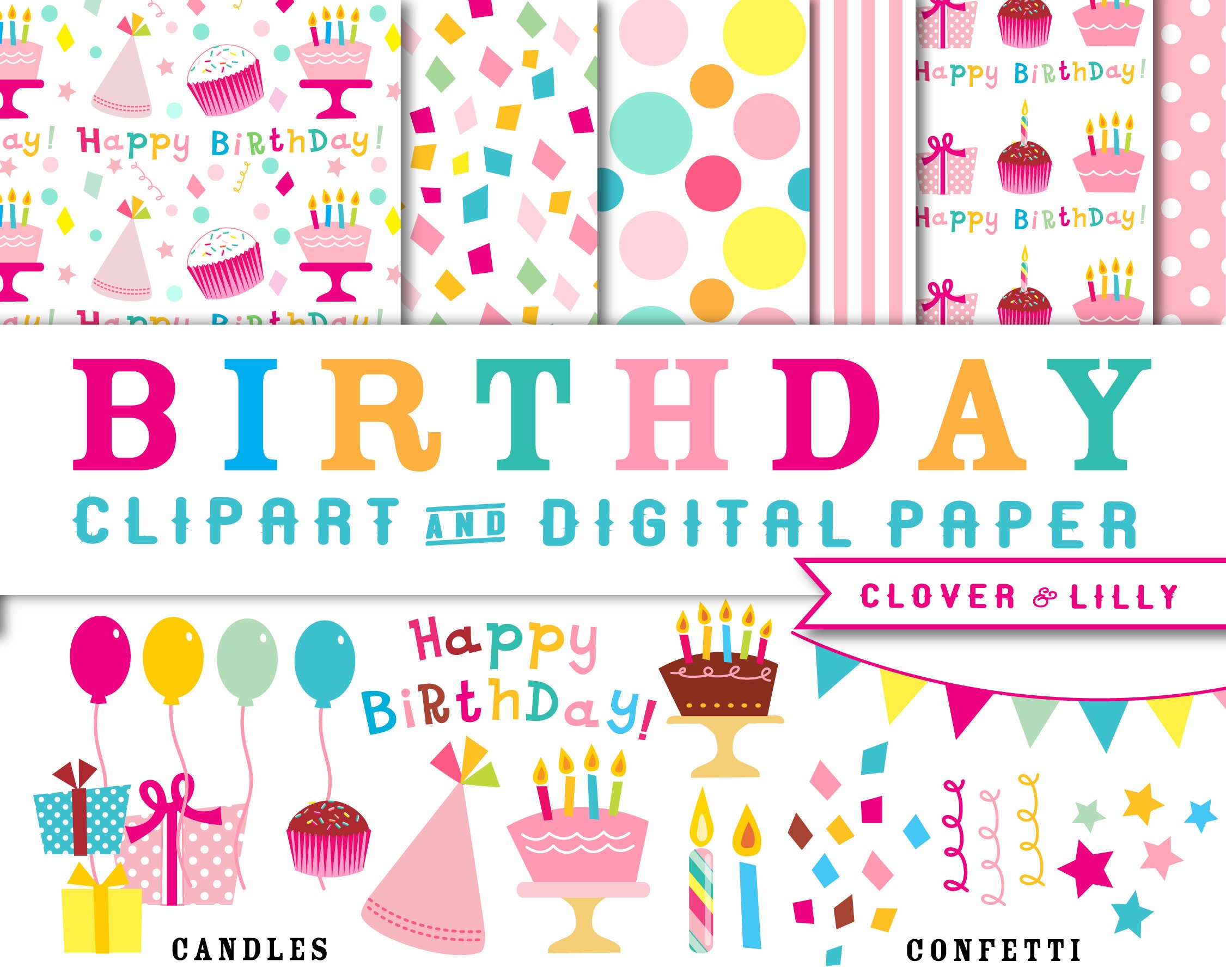 Birthday Party Clipart and Digital Paper With Balloons Gifts - Etsy