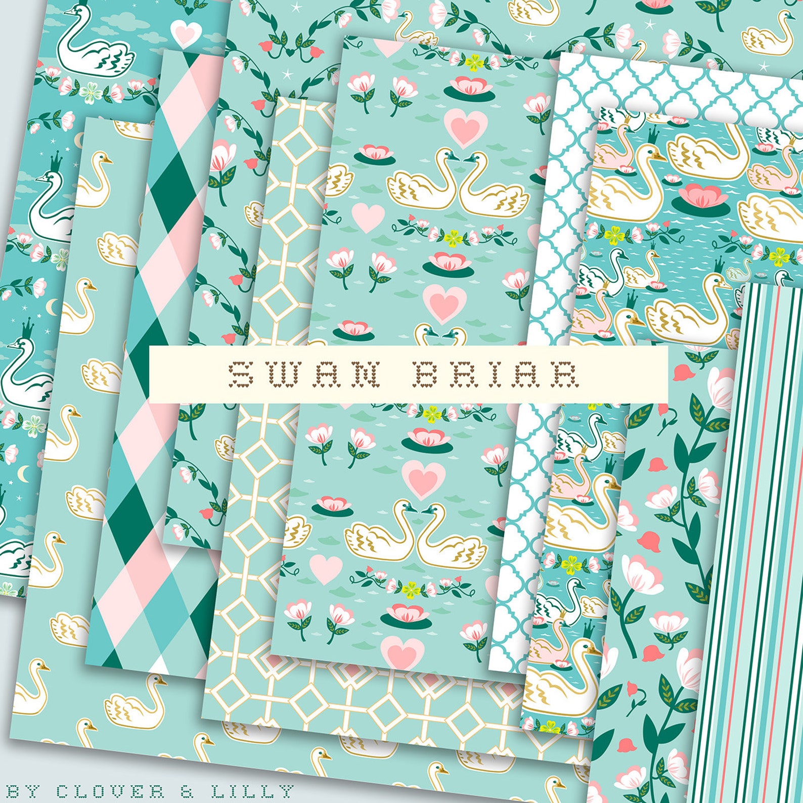 SWAN BRIAR Digital Paper With Swans, Flowers, Buds, Lilies, Light Blue ...