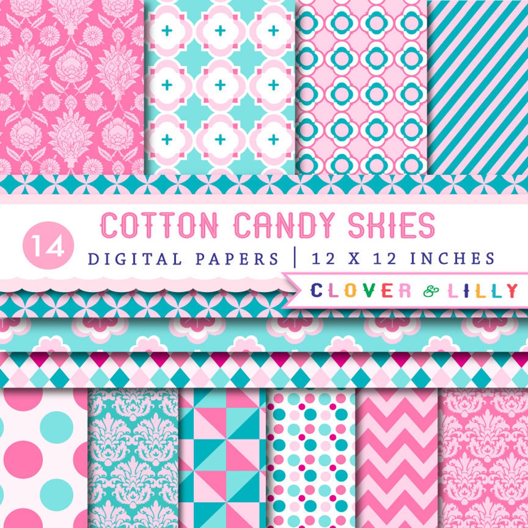 Pink and Turquoise Digital Scrapbook Papers With Damask, Quatrefoil ...