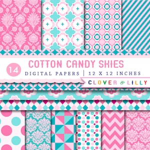 Pink and Turquoise Digital Scrapbook Papers With Damask, Quatrefoil ...