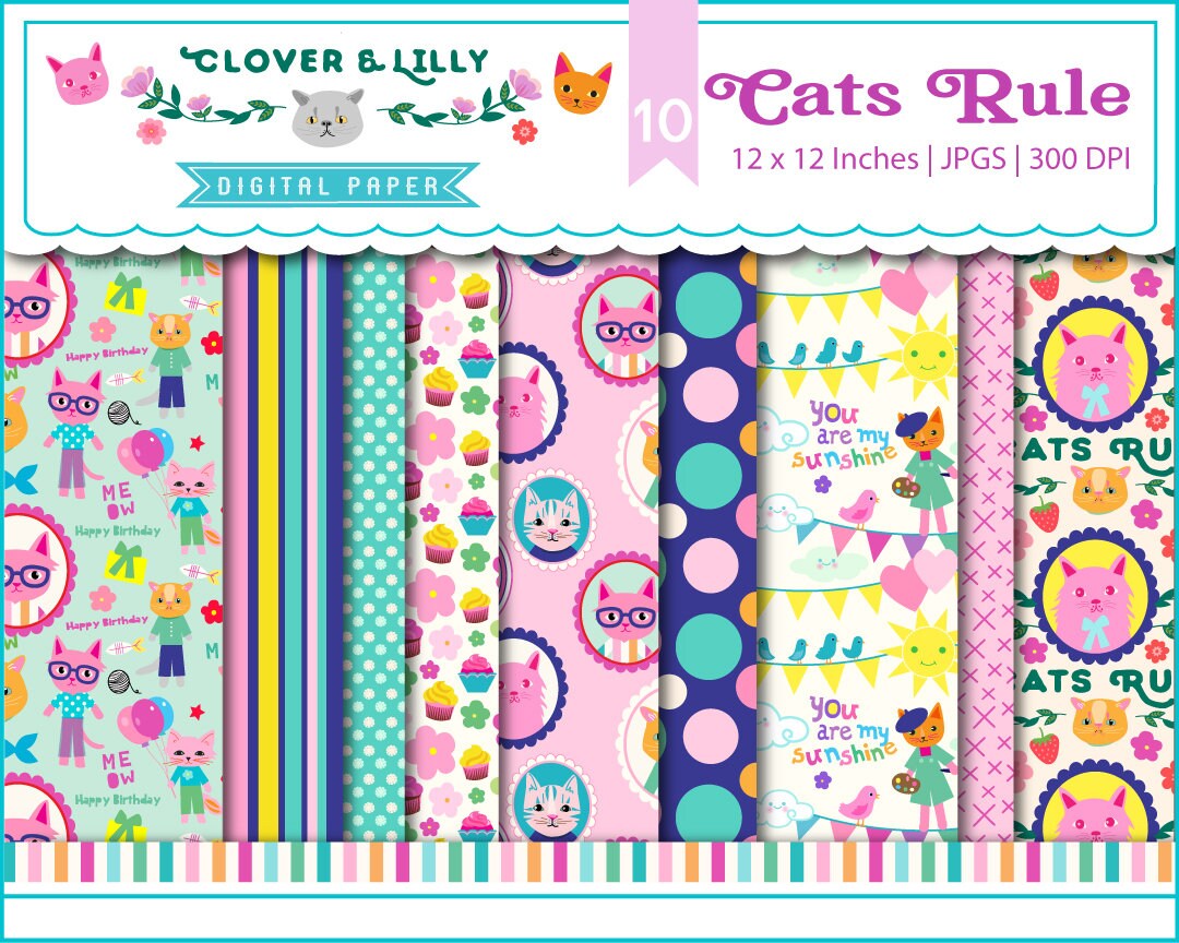 Cats Rule Digital Papers for Cat Lovers Birthday Party Fun | Etsy