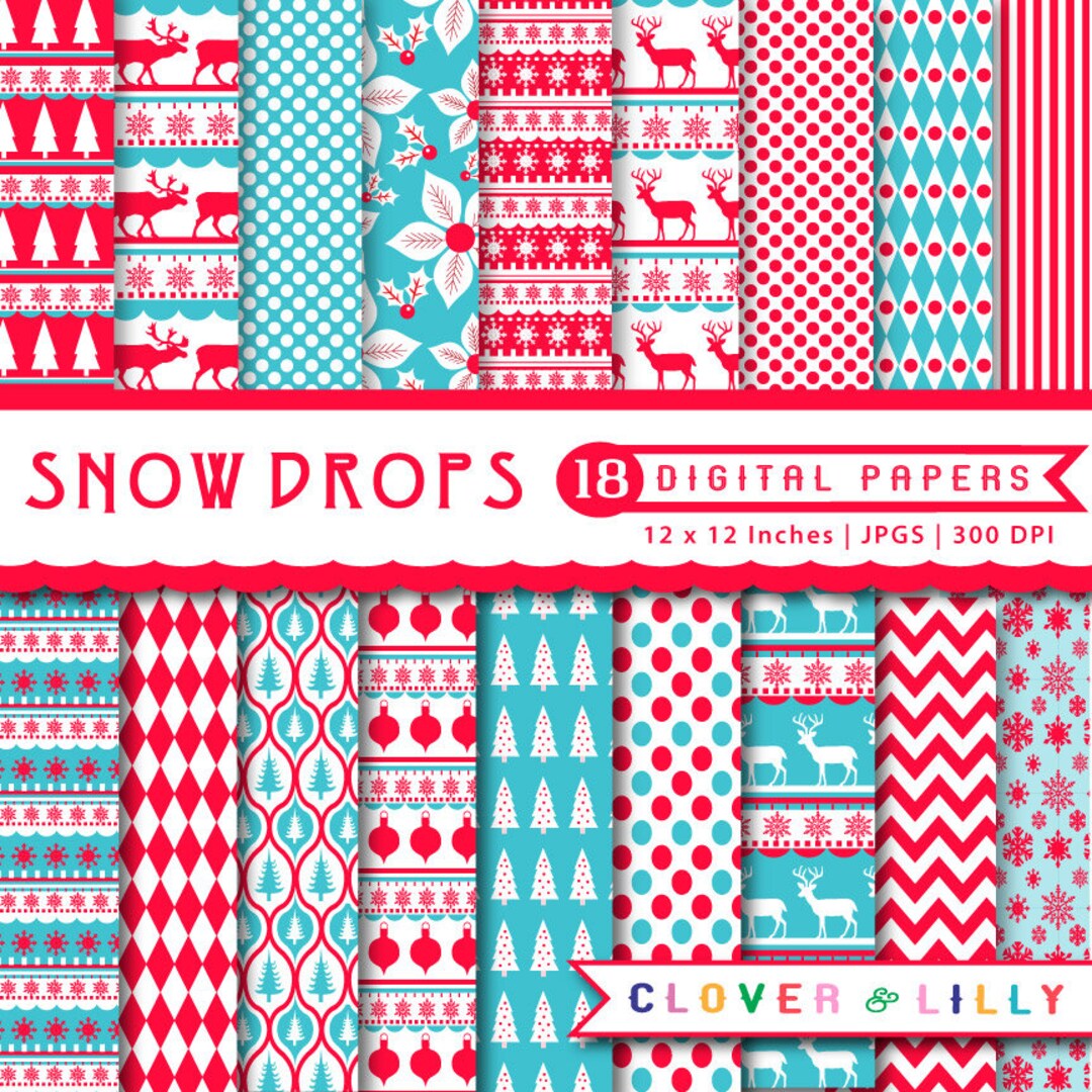 Christmas Digital Paper, SNOW DROPS, Scandinavian, Red and Turquoise ...