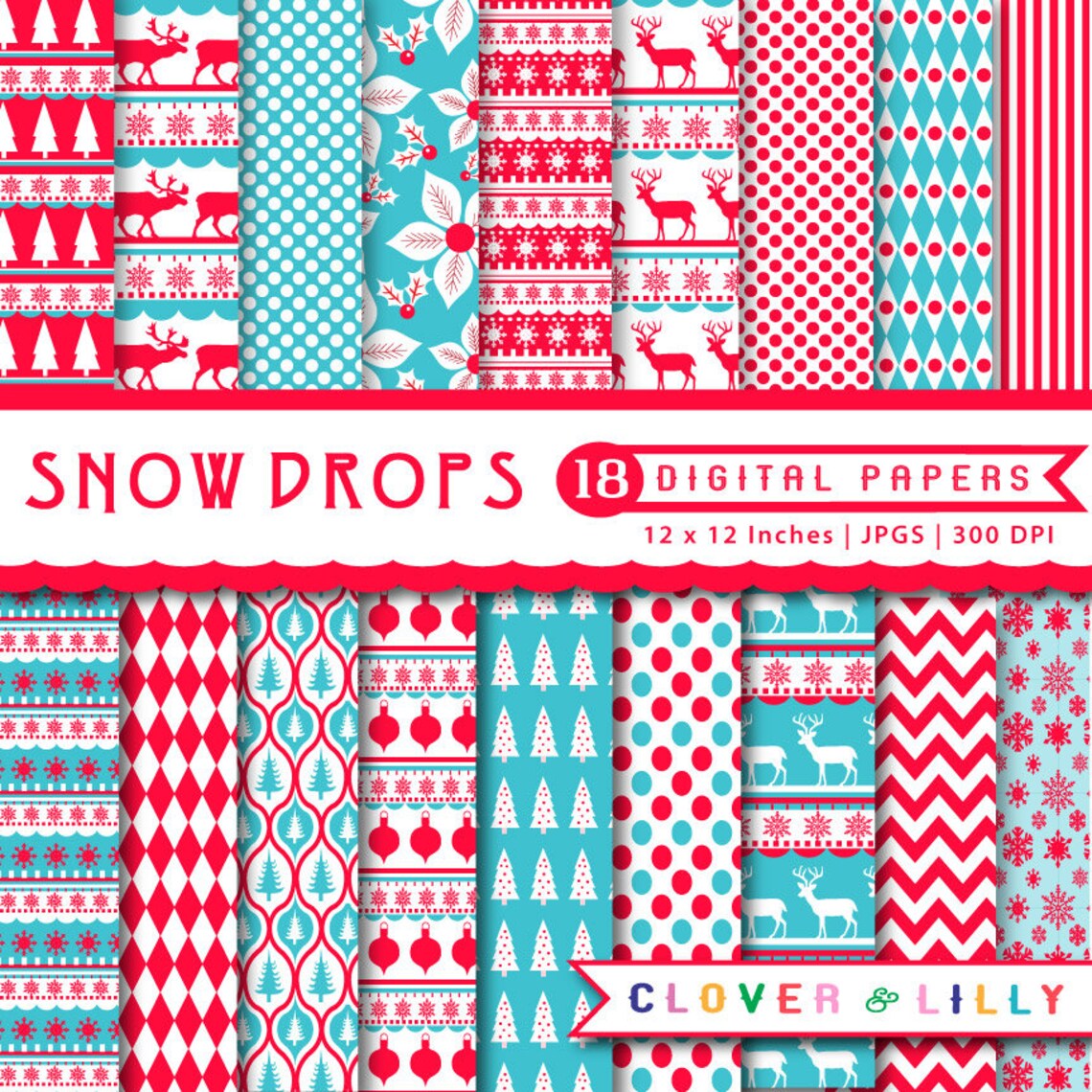 Christmas Digital Paper, SNOW DROPS, Scandinavian, Red and Turquoise ...