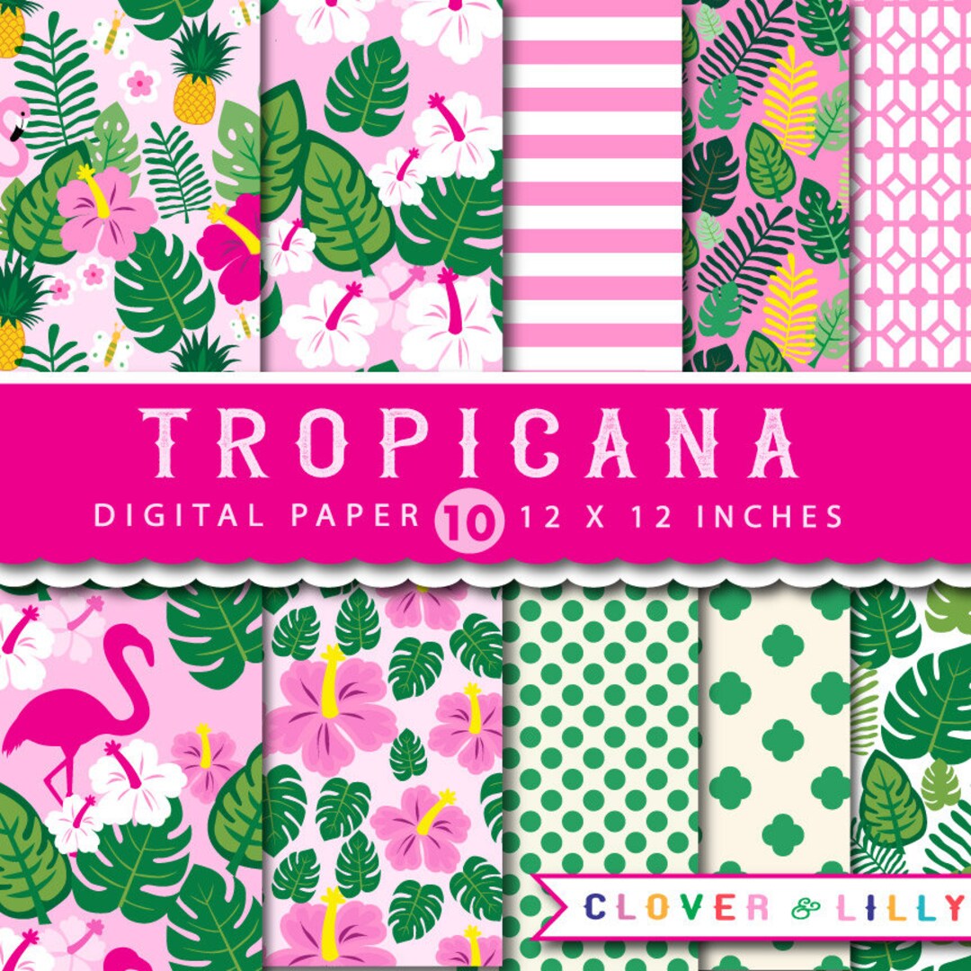 Tropical Flamingo Digital Paper, Palms, Fronds, Scrapbook, Pineapple ...
