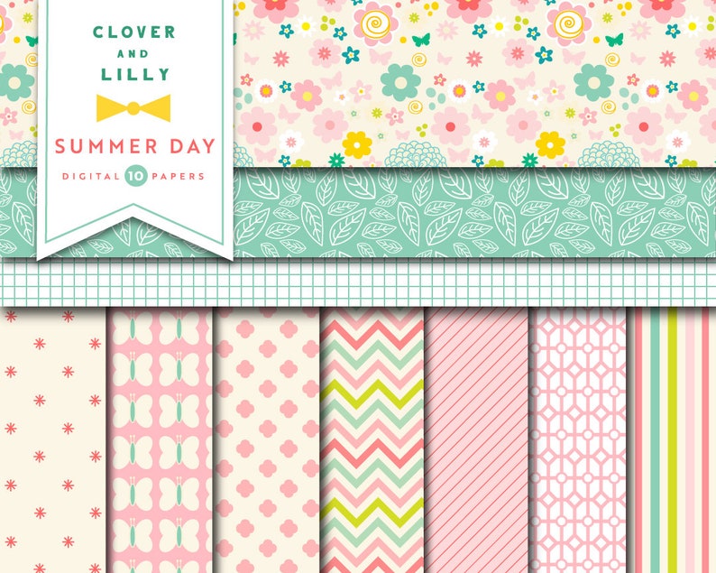 SUMMER DAY Modern Floral Digital Paper for Scrapbooking, Cards, Salmon ...