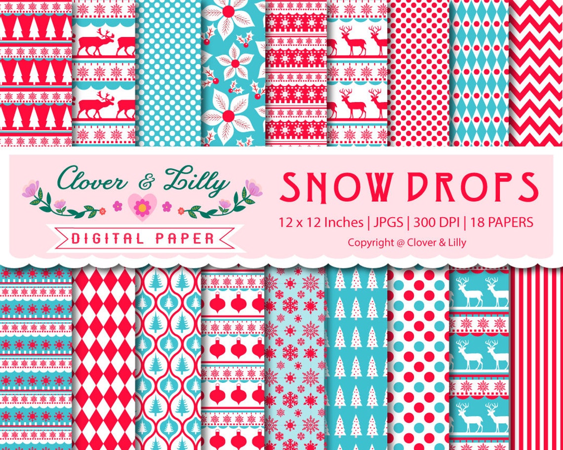 Christmas Digital Paper, SNOW DROPS, Scandinavian, Red and Turquoise ...