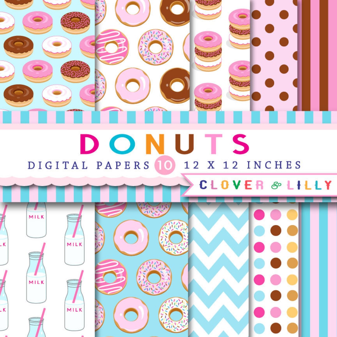 Donut Digital Paper With Donuts, Milk Bottles, for Birthday Invites ...