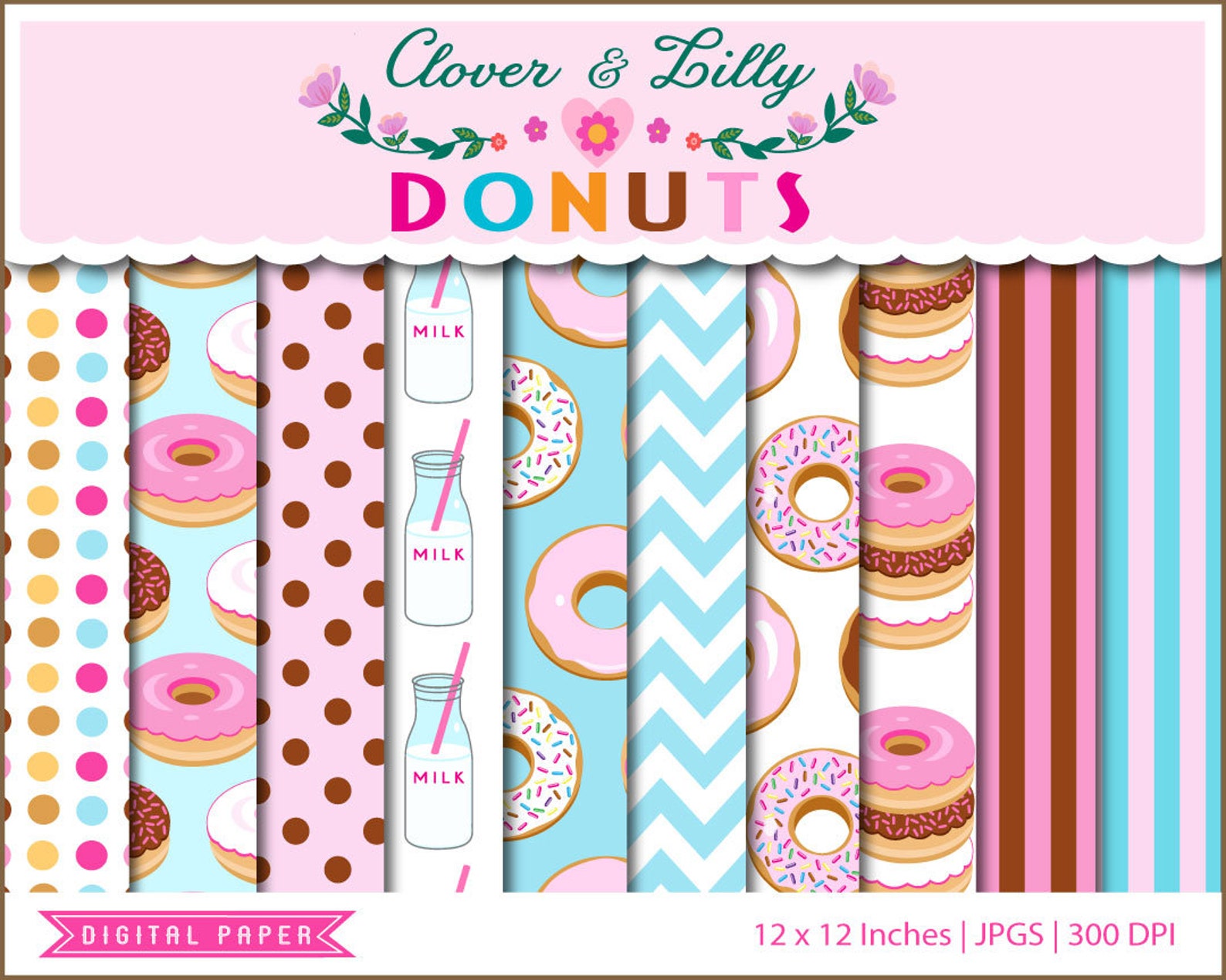 Donut Digital Paper With Donuts Milk Bottles for Birthday | Etsy
