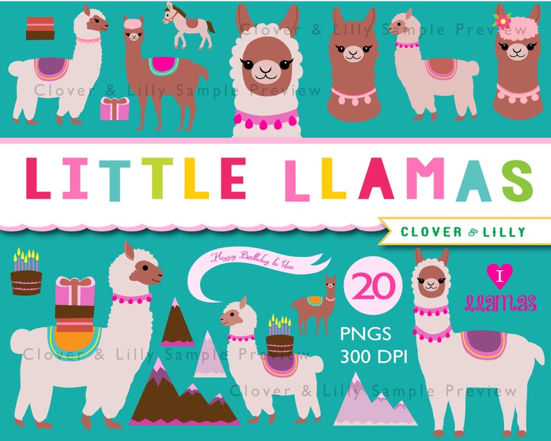 Llama Clipart Cute Llamas Clip Art Burro Birthday Card - Etsy