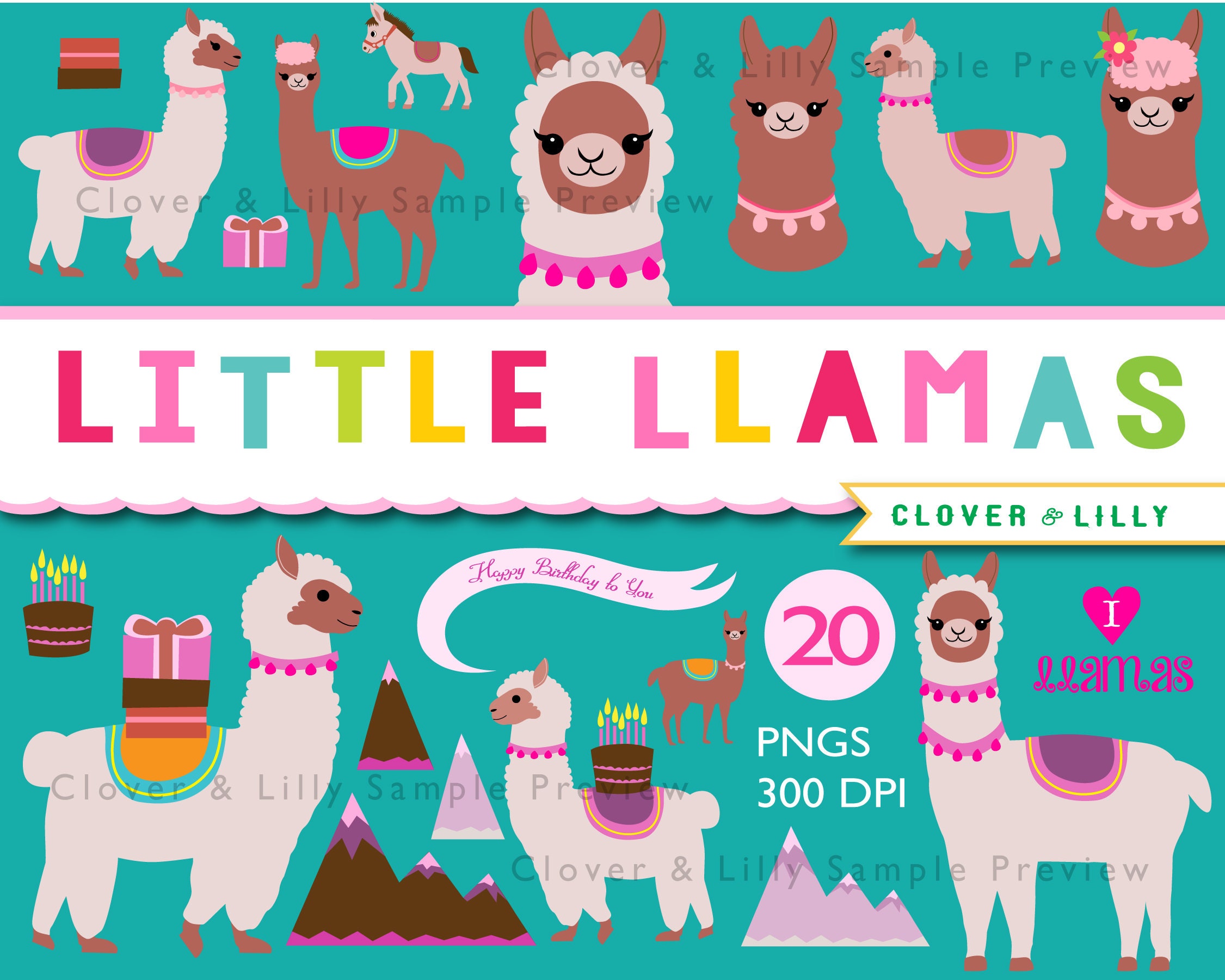 Llama clipart cute llamas clip art burro birthday card | Etsy