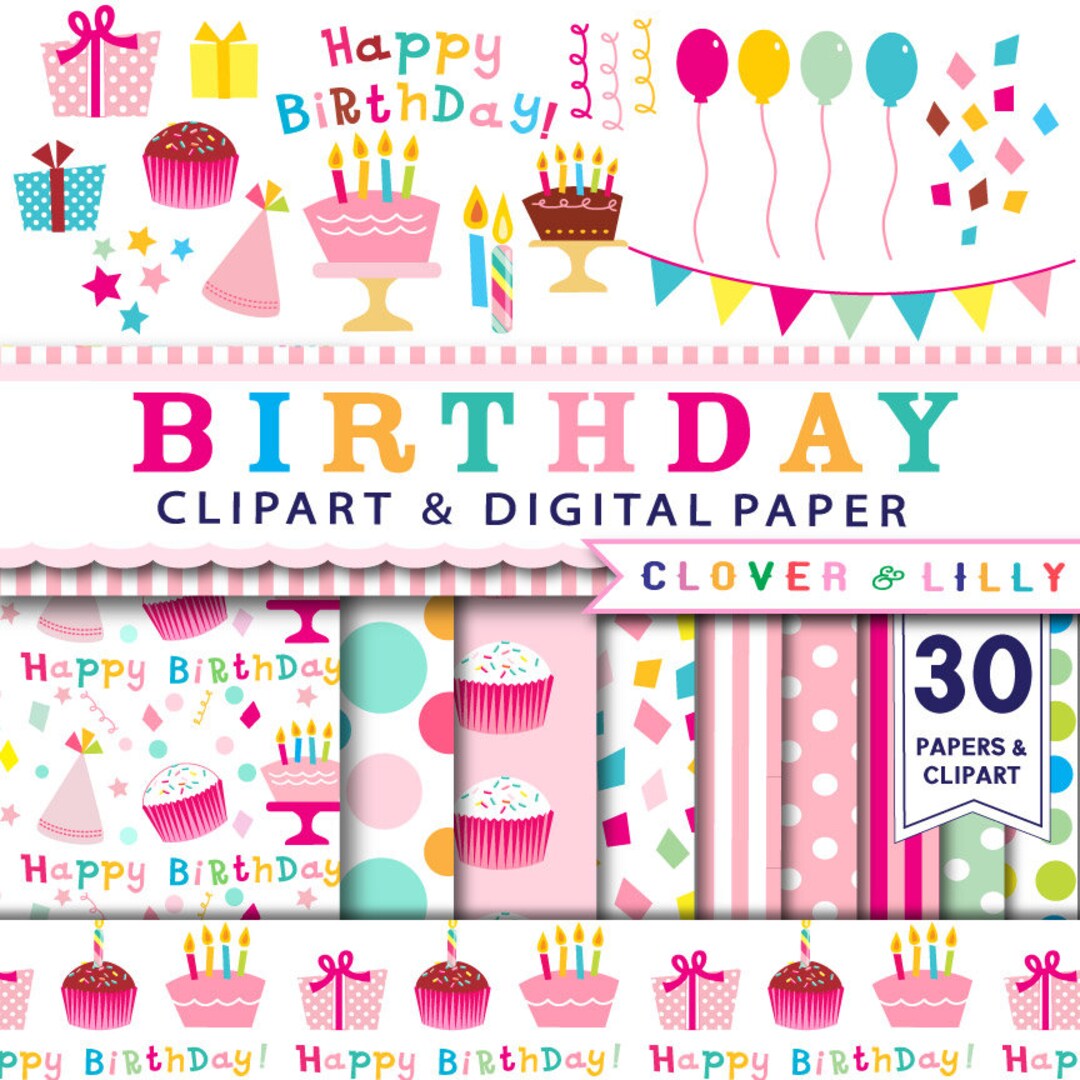 Birthday Party Clipart and Digital Paper With Balloons, Gifts, Confetti ...