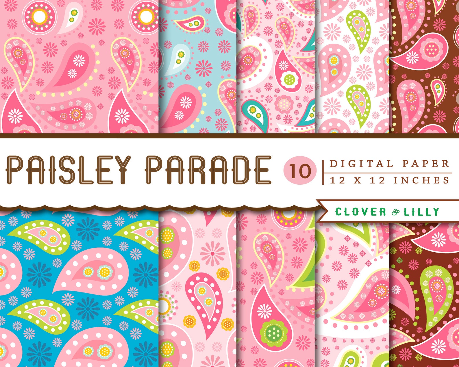 Paisley Digital Papers for Scrapbooking, Cards, Invites, Pink, Brown ...
