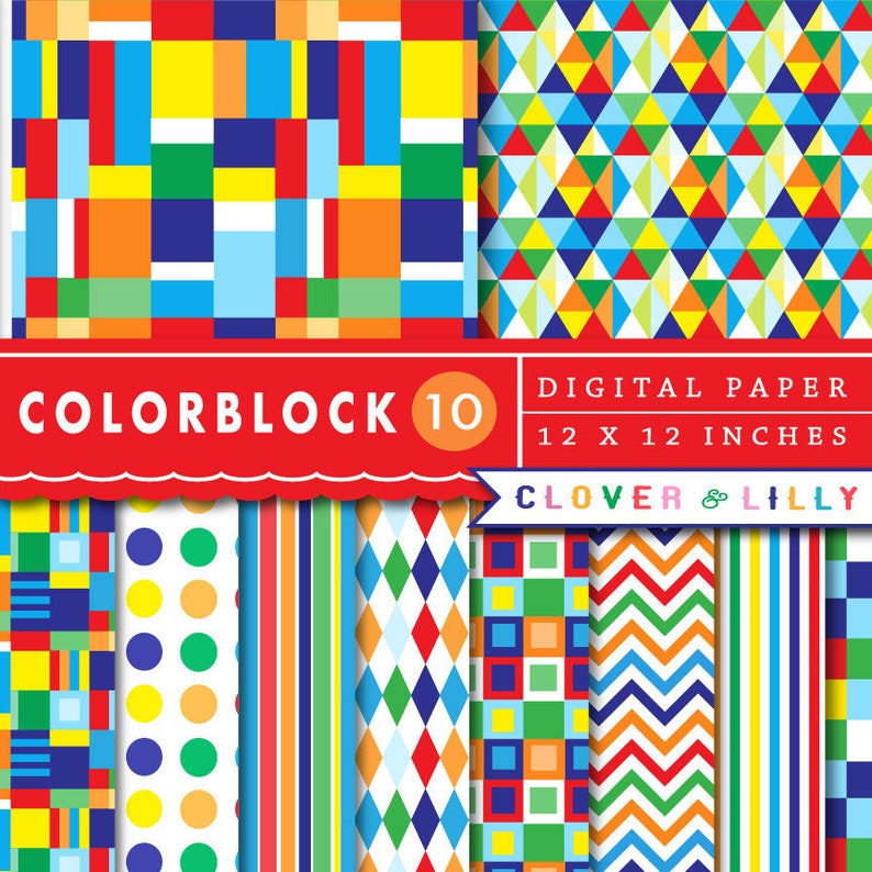 COLORBLOCK Digital Scrapbook Paper, Primary Colors, Red, Blue, Green ...