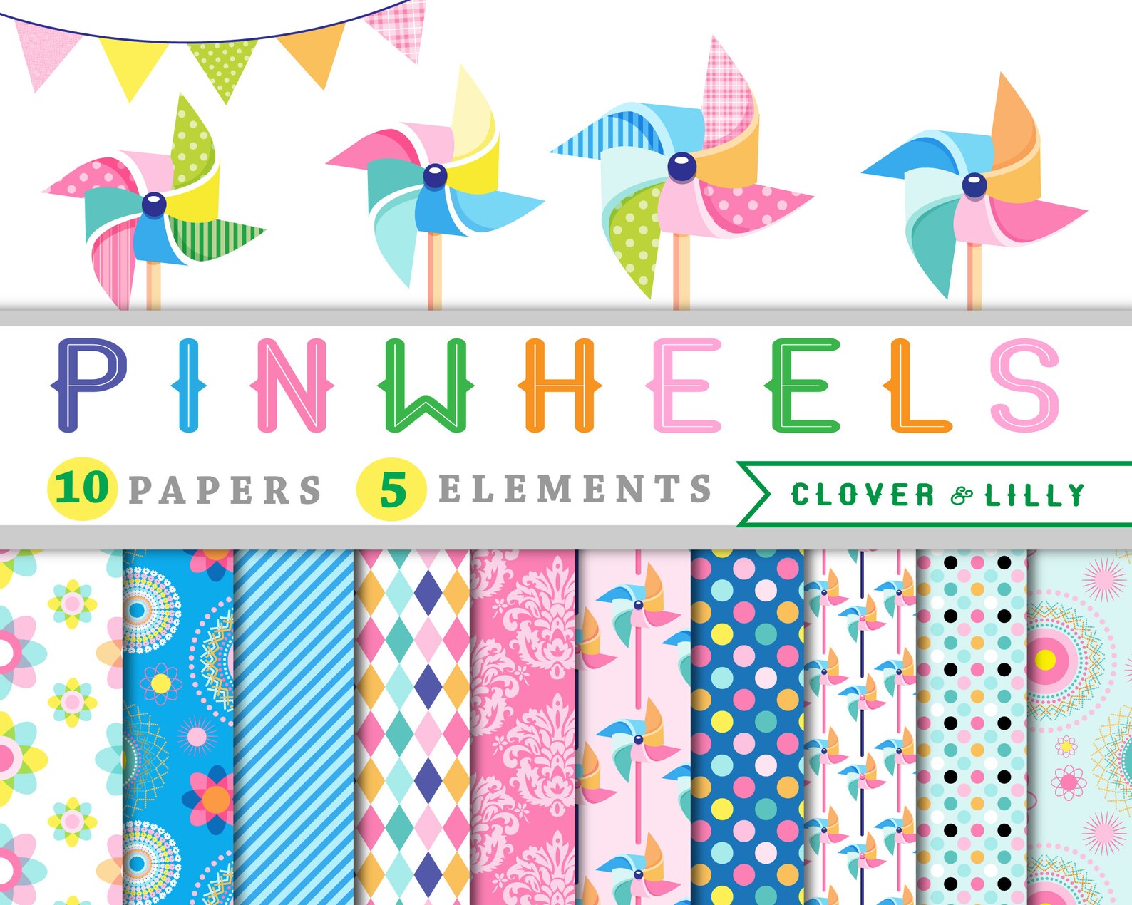 Pinwheel Clipart and Digital Papers Summer Bunting Bright | Etsy