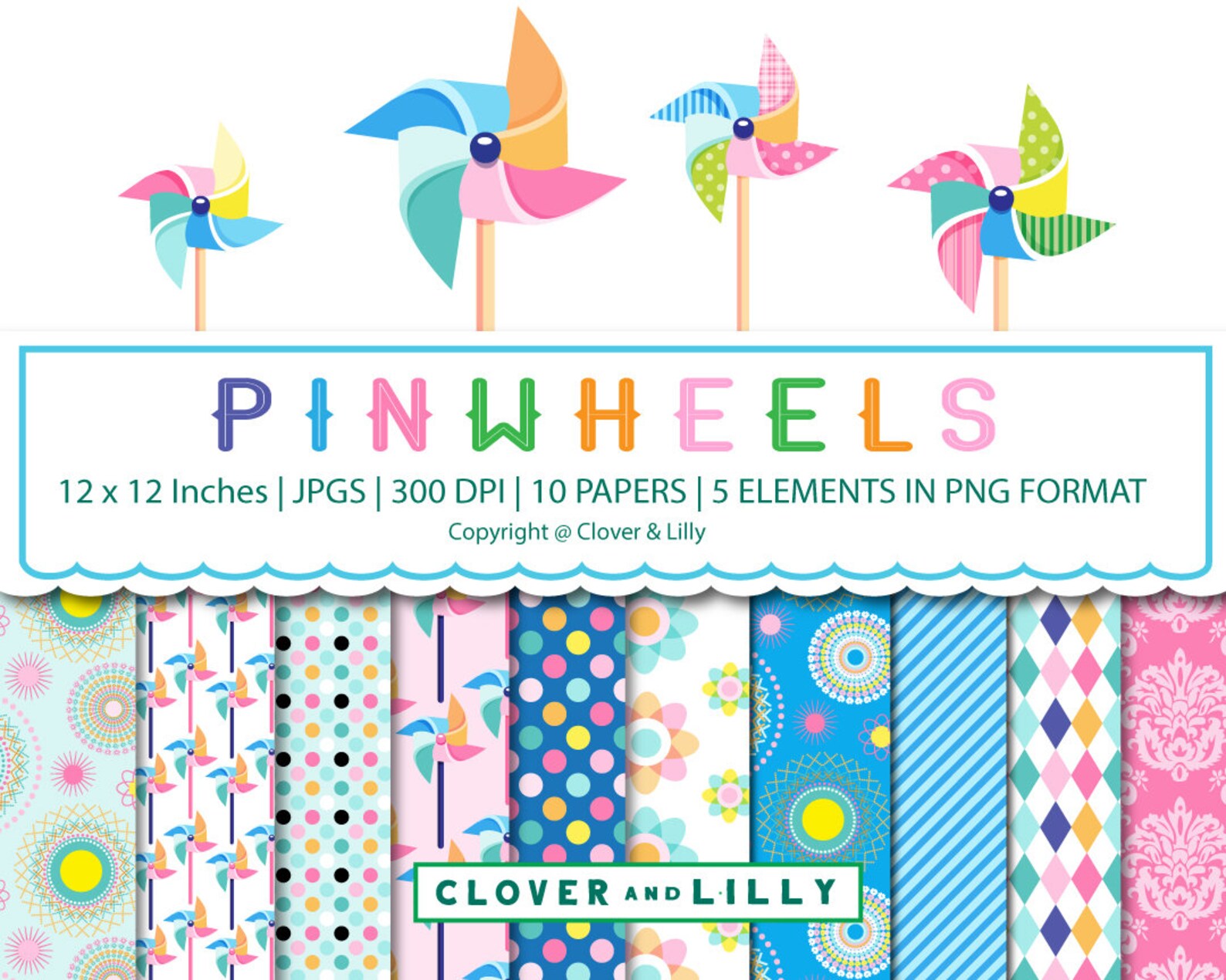 Pinwheel Clipart and Digital Papers Summer Bunting Bright | Etsy