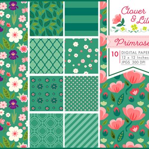 Primrose Digital Paper With Flowers, Buds and Blooms, Spring, Green ...