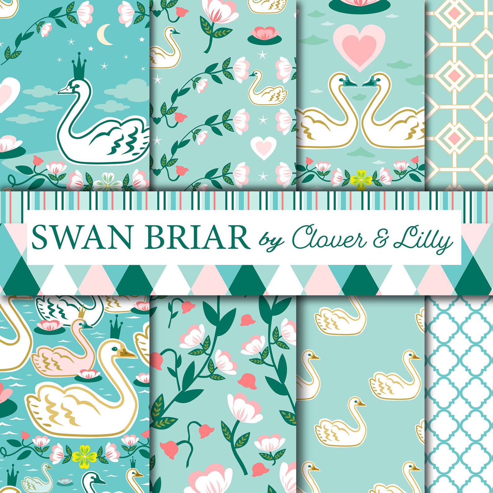 SWAN BRIAR digital paper with swans flowers buds lilies | Etsy