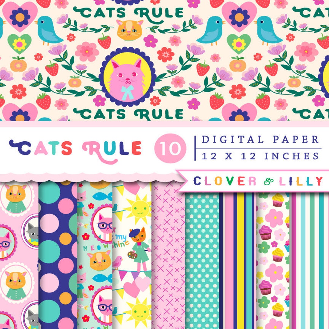 Cats Rule Digital Papers for Cat Lovers, Birthday Party, Fun, Bright ...